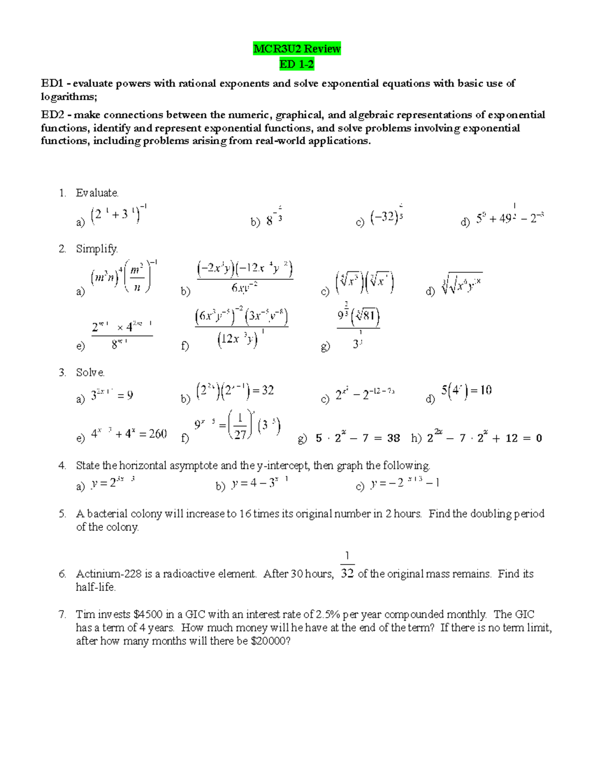 MCR3U2 ED1-2 Review - MCR3U2 Review ED 1- ED1 - evaluate powers with ...