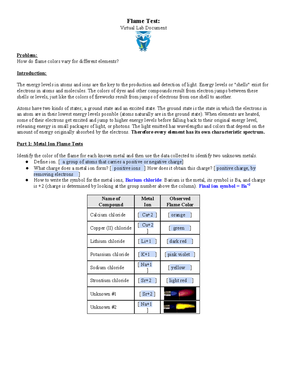 Flame Test Virtual Lab - Flame Test: Virtual Lab Document Problem: How ...