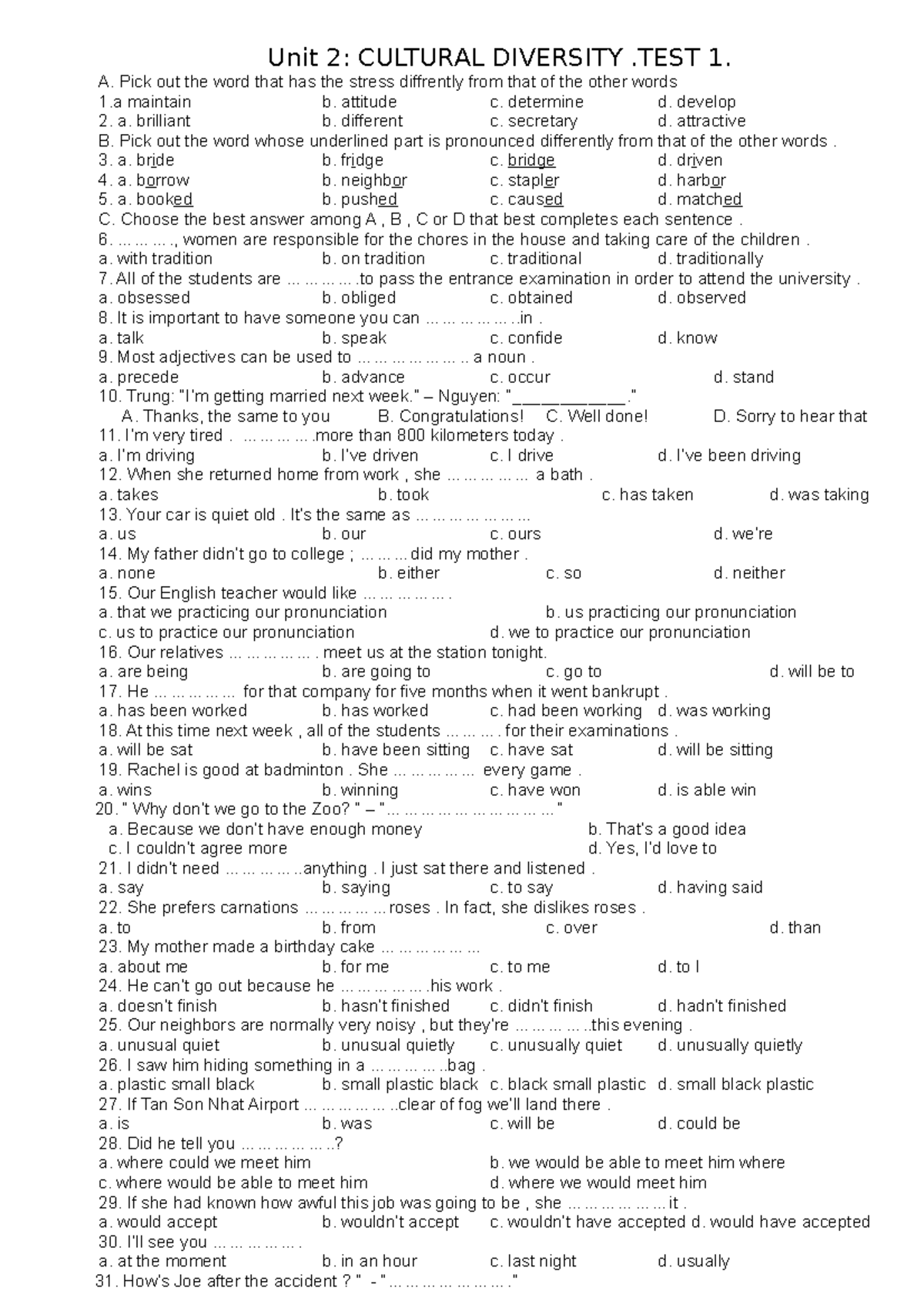 UNIT 2.- 2021` - từ vựng - Unit 2: CULTURAL DIVERSITY .TEST 1. A. Pick ...