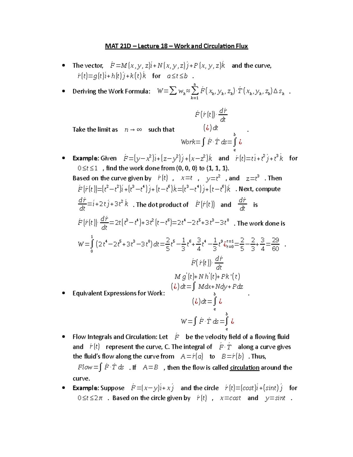 MAT 21D – Lecture 18 – Work and Circulation Flux - MAT 21D – Lecture 18 – Work and Circulation ...