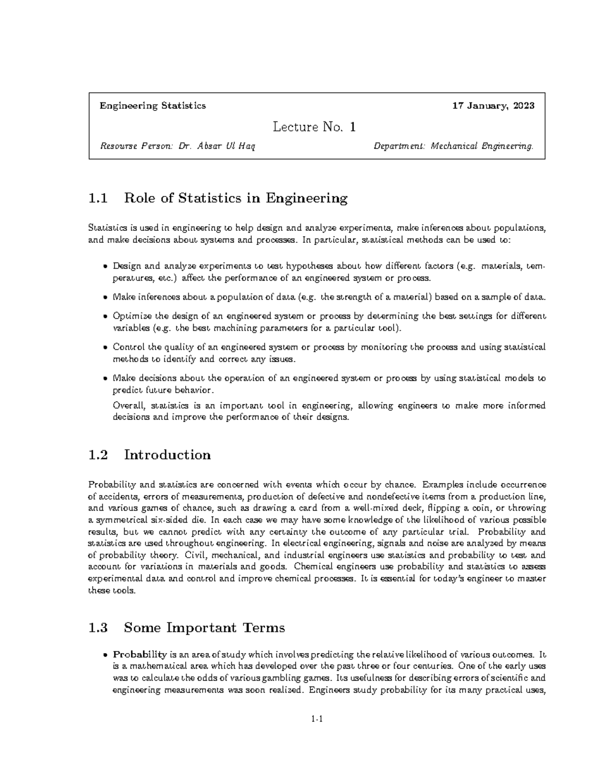 Lecture No - jjjjjjjjjjjjjjjjjjjjjjjjjjjjjjjjj - Engineering Statistics ...