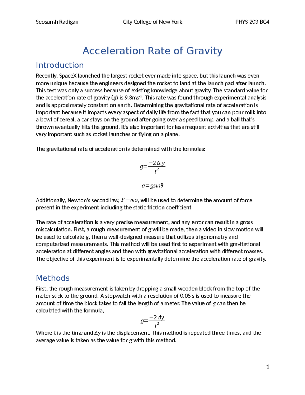 Lab 3 - Little g - Lab 3 report - Acceleration Rate of Gravity ...