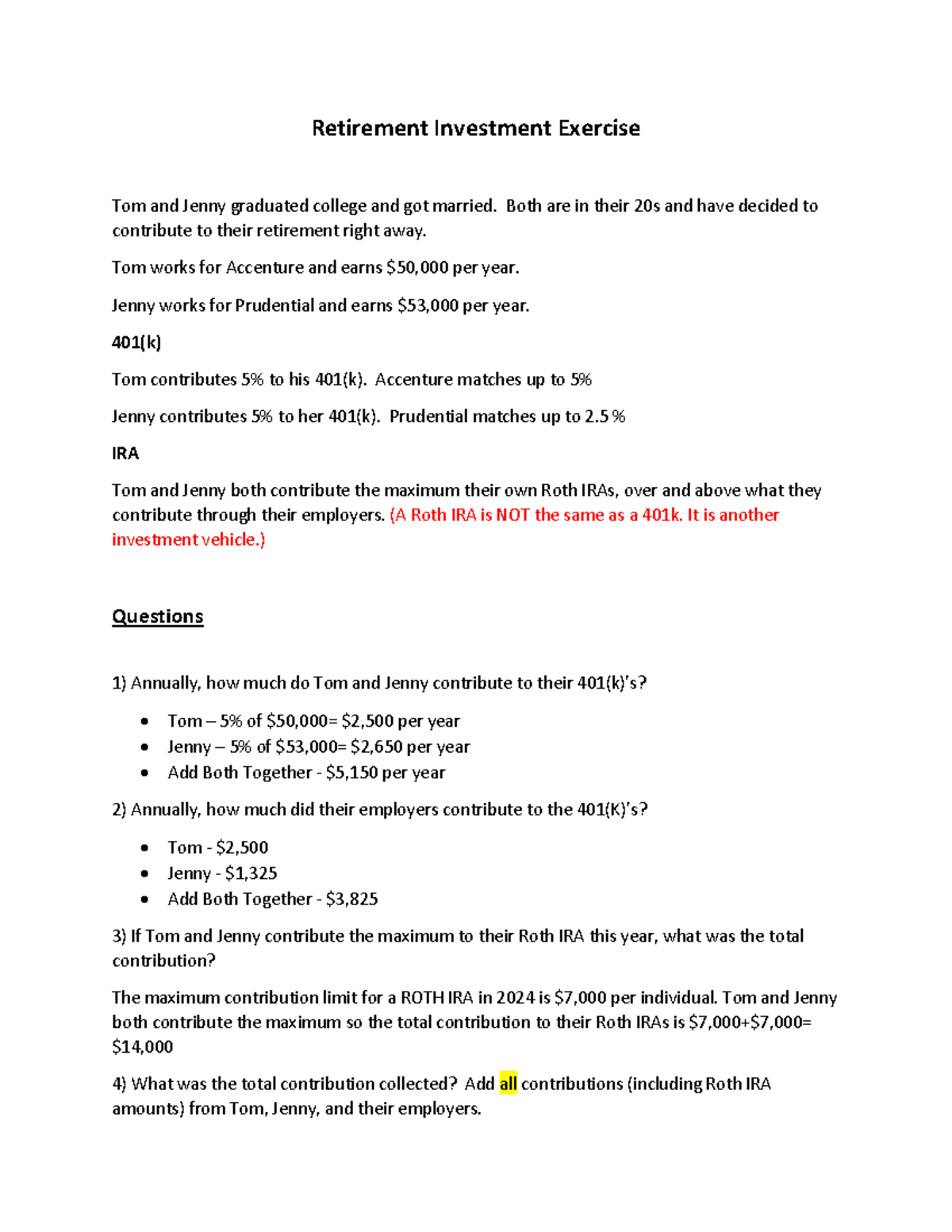 Retirement Investment exercise 1 - Retirement Investment Exercise Tom ...