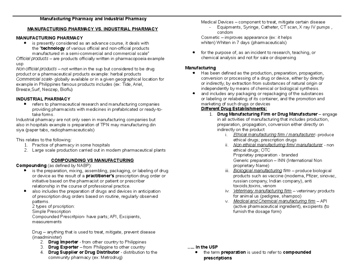 Pharmacy Reviewer Notes - Manufacturing Pharmacy and Industrial ...