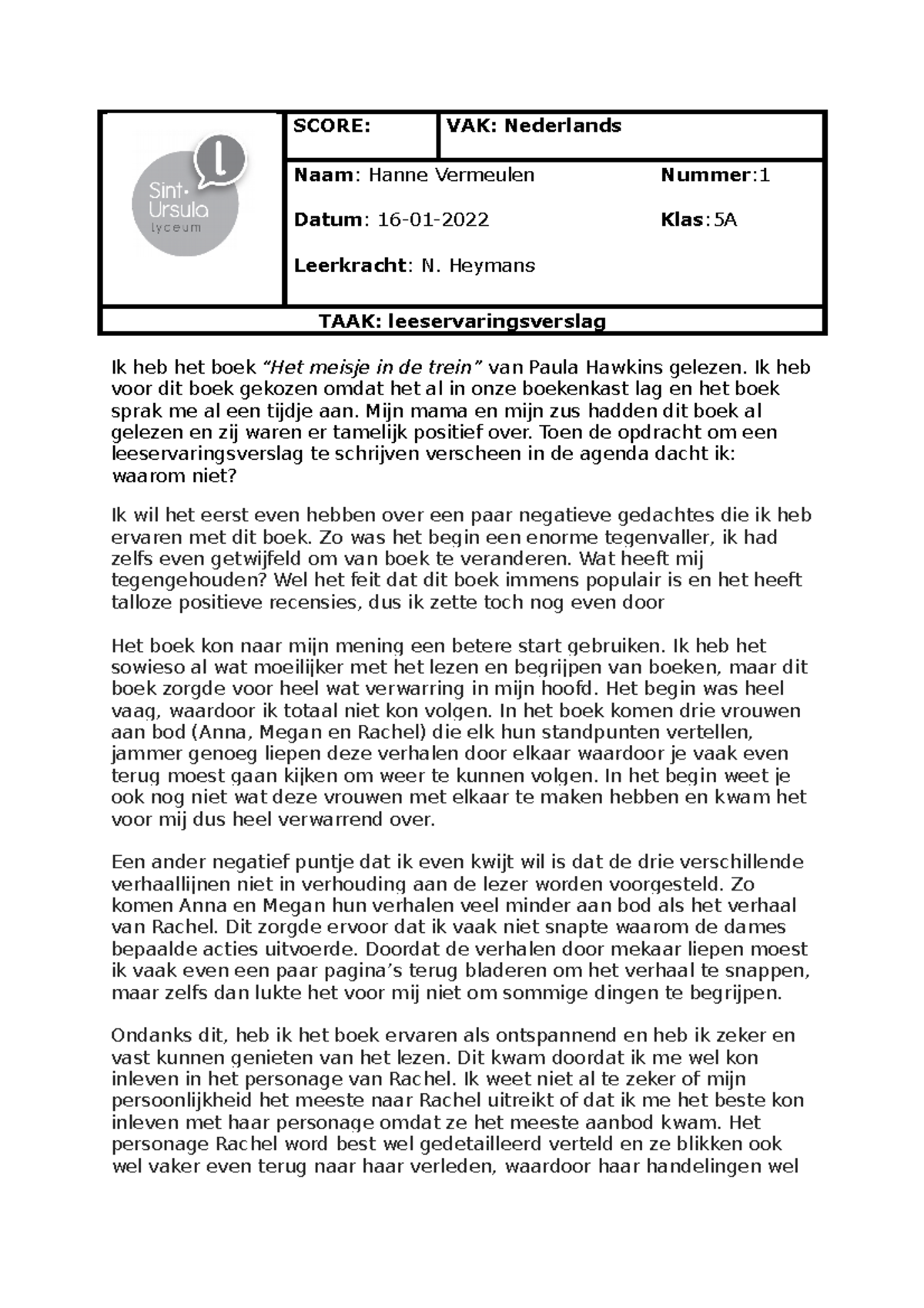 Leeservaringsverslag - SCORE: VAK: Nederlands Naam: Hanne Vermeulen ...
