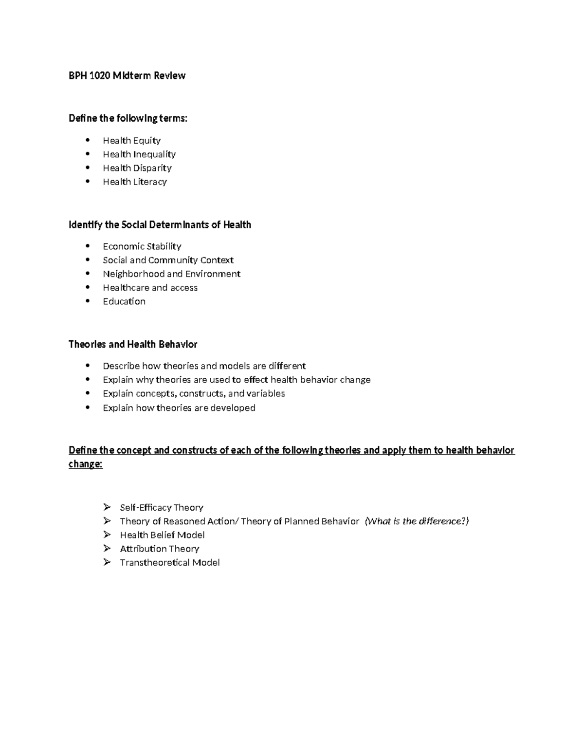 Midterm Review - Summary Principles of Health Behavior - BPH 1020 ...