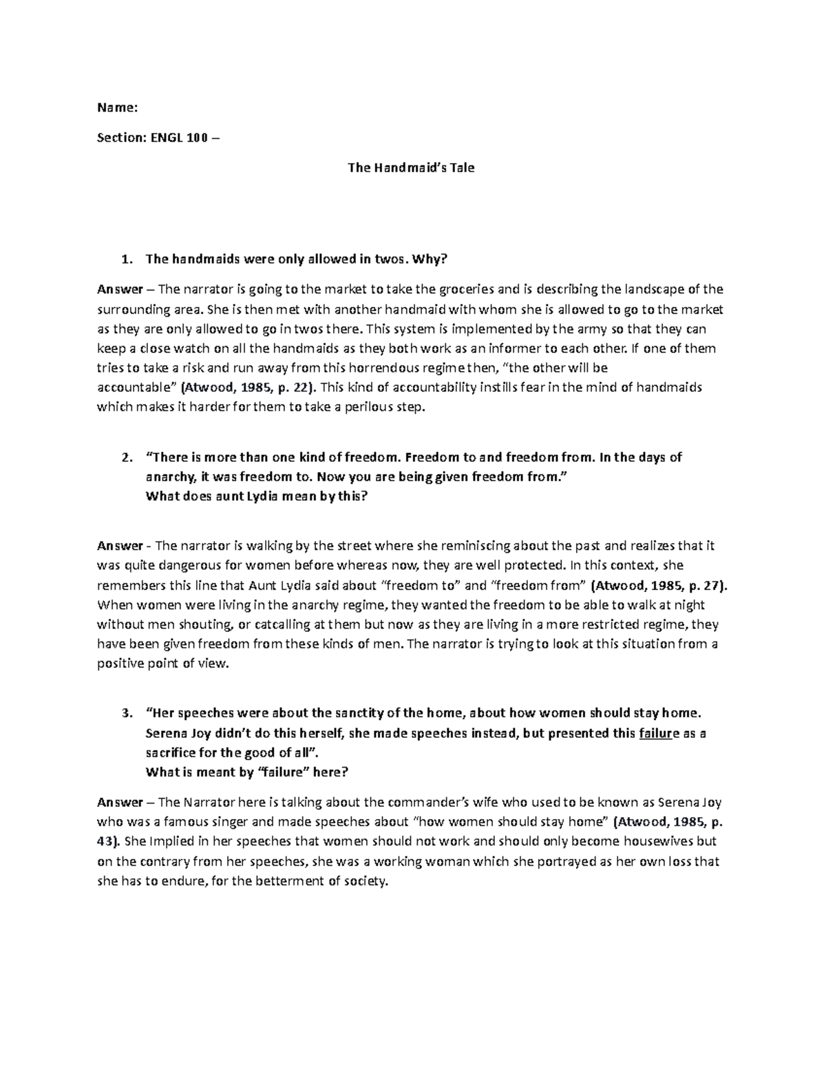 Week 3 HM Student Sample - Name: Section: ENGL 100 – The Handmaid’s ...