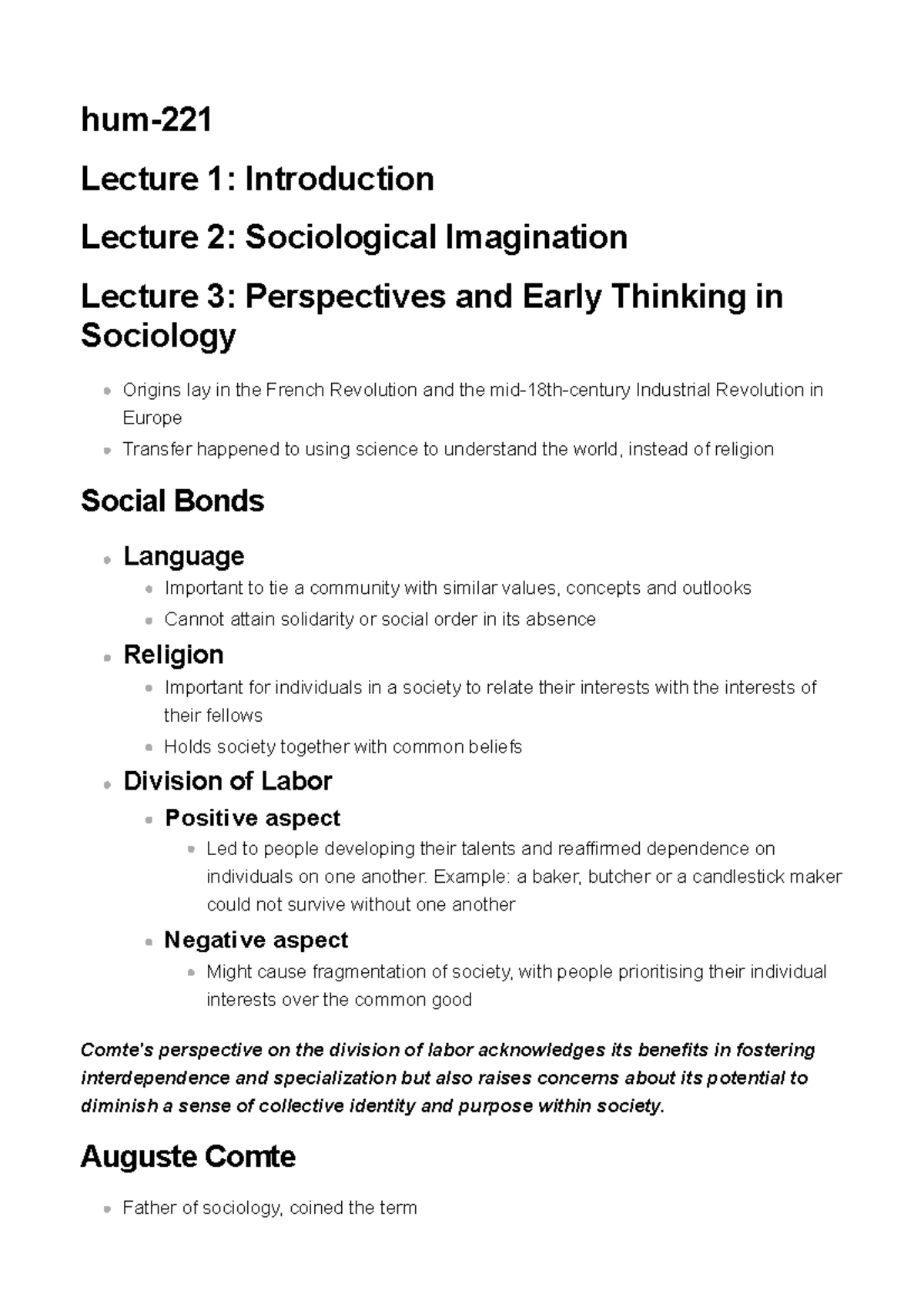 Hum 221 Lecture Notes Hum Lecture 1 Introduction Lecture 2 Sociological Imagination