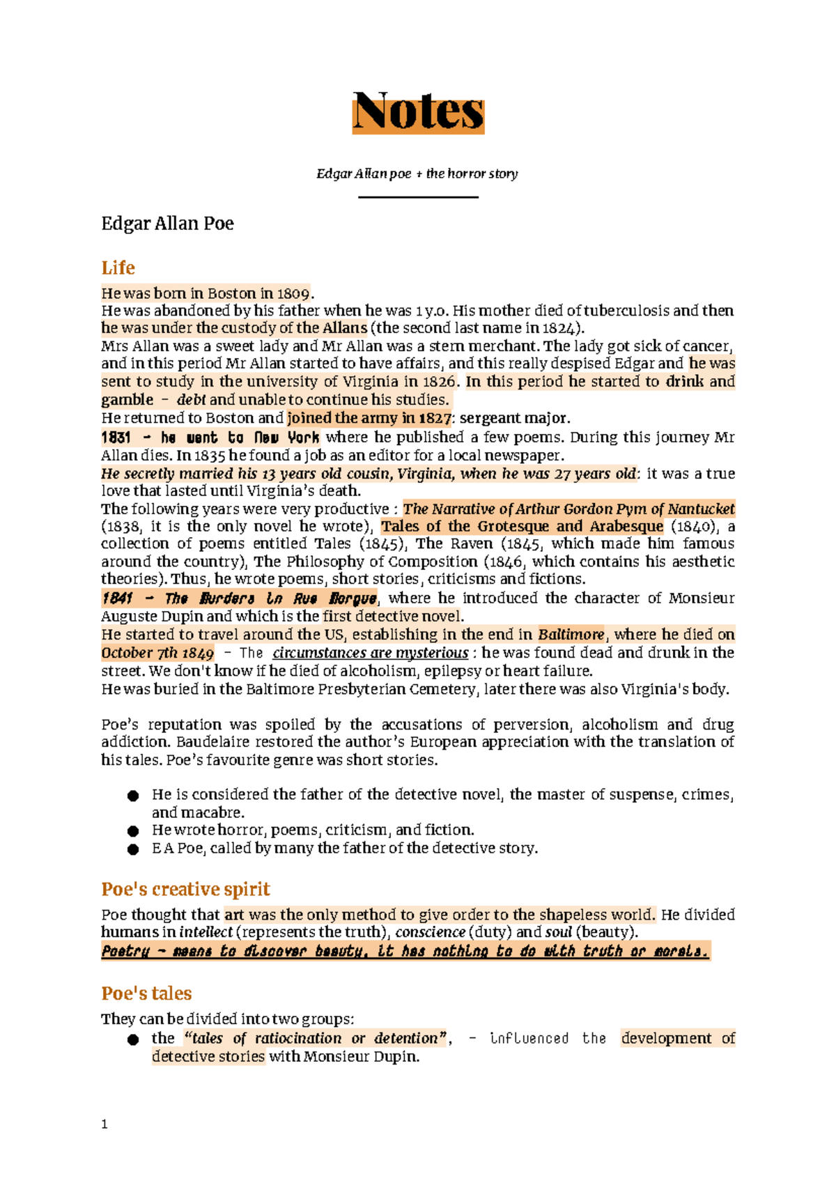 Appunti Edgar Allan poe + the horror story - Notes Edgar Allan poe ...