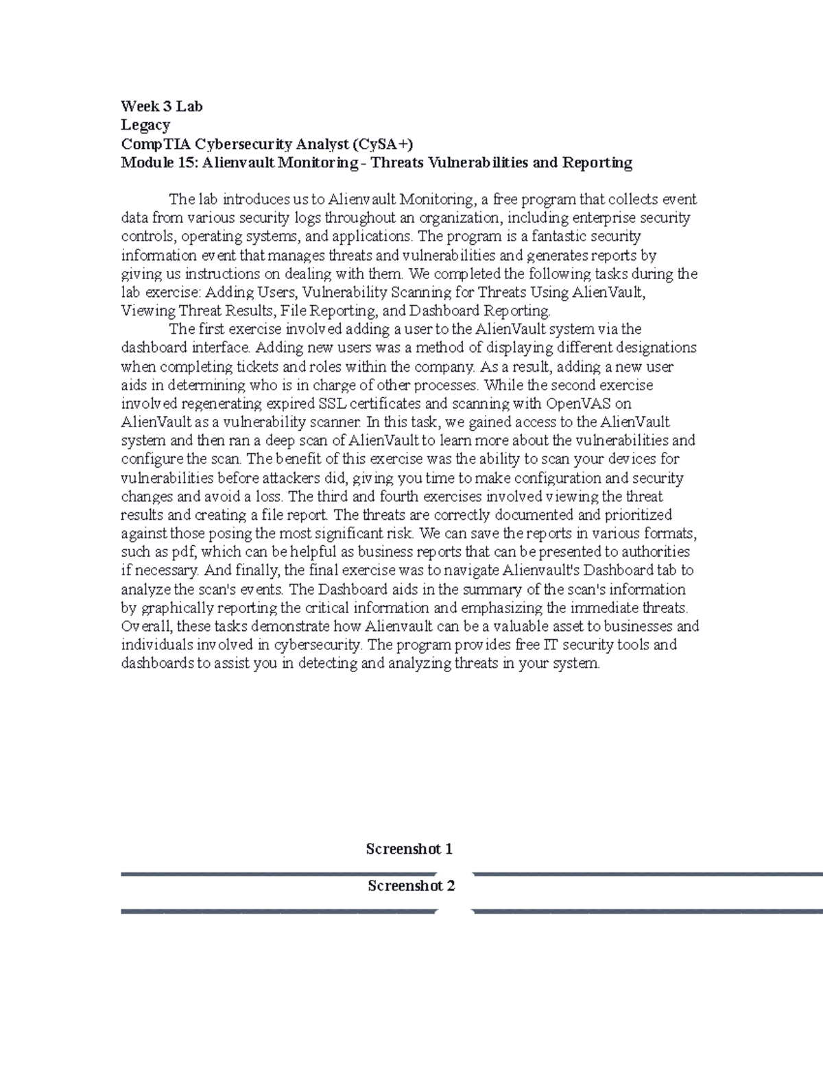 CYB 420 Week 3 Lab Assignment - Week 3 Lab Legacy CompTIA Cybersecurity ...