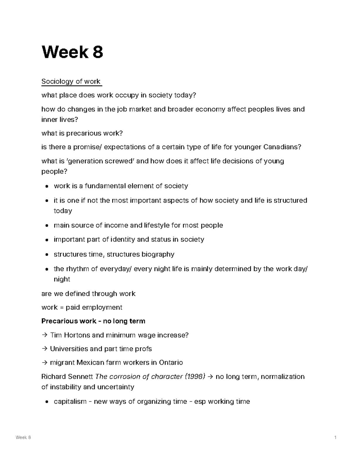 Week 8 lecture notes - Week 8 1 Week 8 Sociology of work what place ...