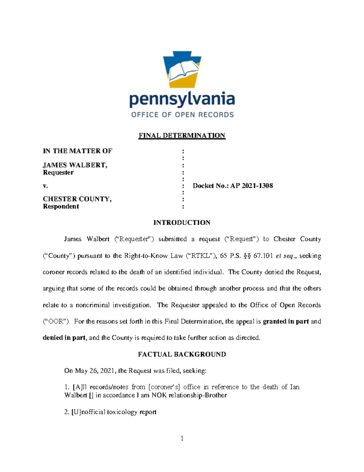 2021-1308 Walbert-Chester Cnty FD - FINAL DETERMINATION IN THE MATTER ...