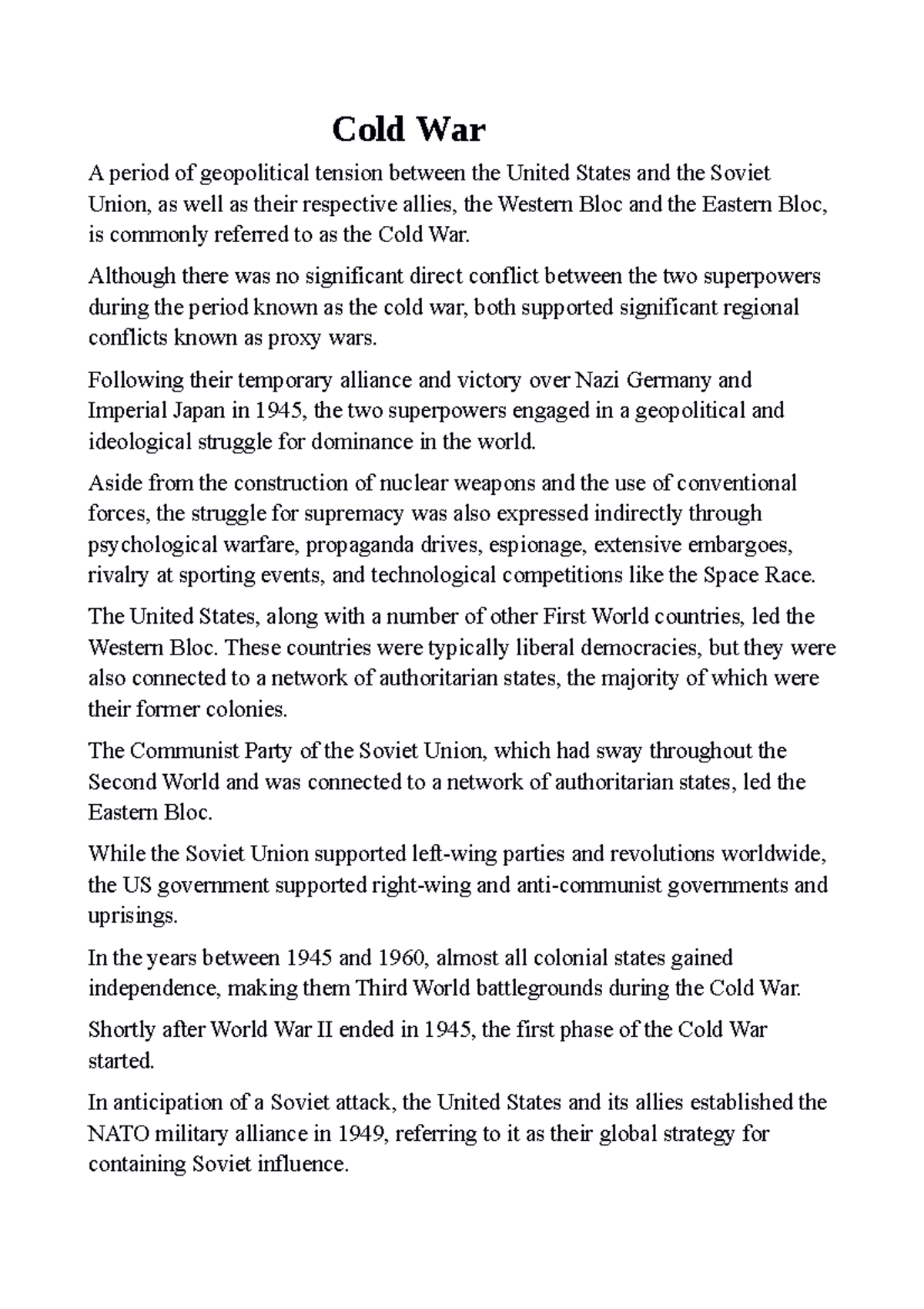 Cold War - shafa - Cold War A period of geopolitical tension between ...