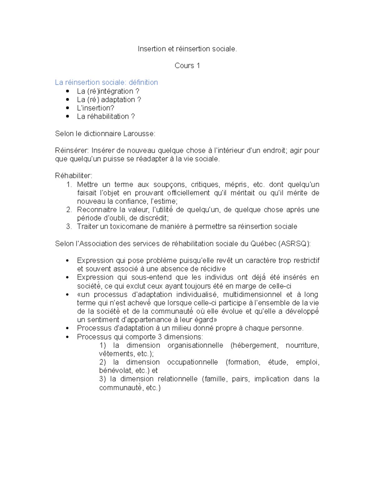 Insertion et réinsertion sociale - Cours 1 La réinsertion sociale ...