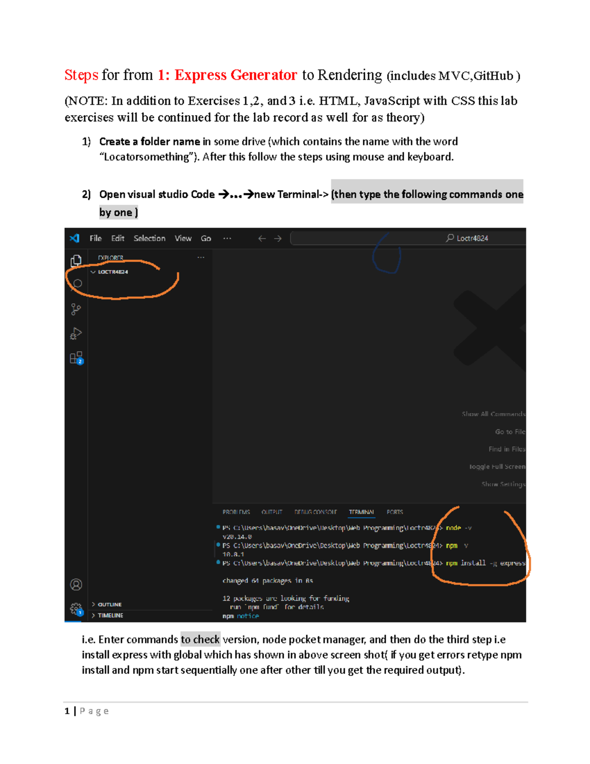 Web Programming Lab Excercises from 1 to 6 - Steps for from 1: Express Generator to Rendering ...