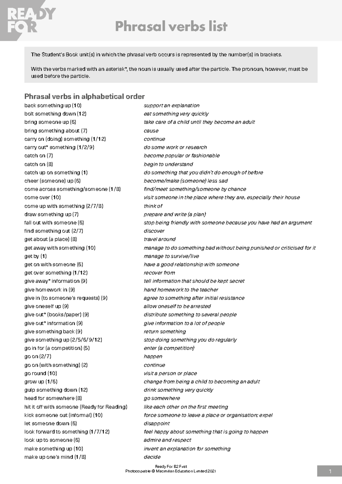 Rf FB2 Phrasal verbs list - Phrasal verbs list Ready For B2 First ...