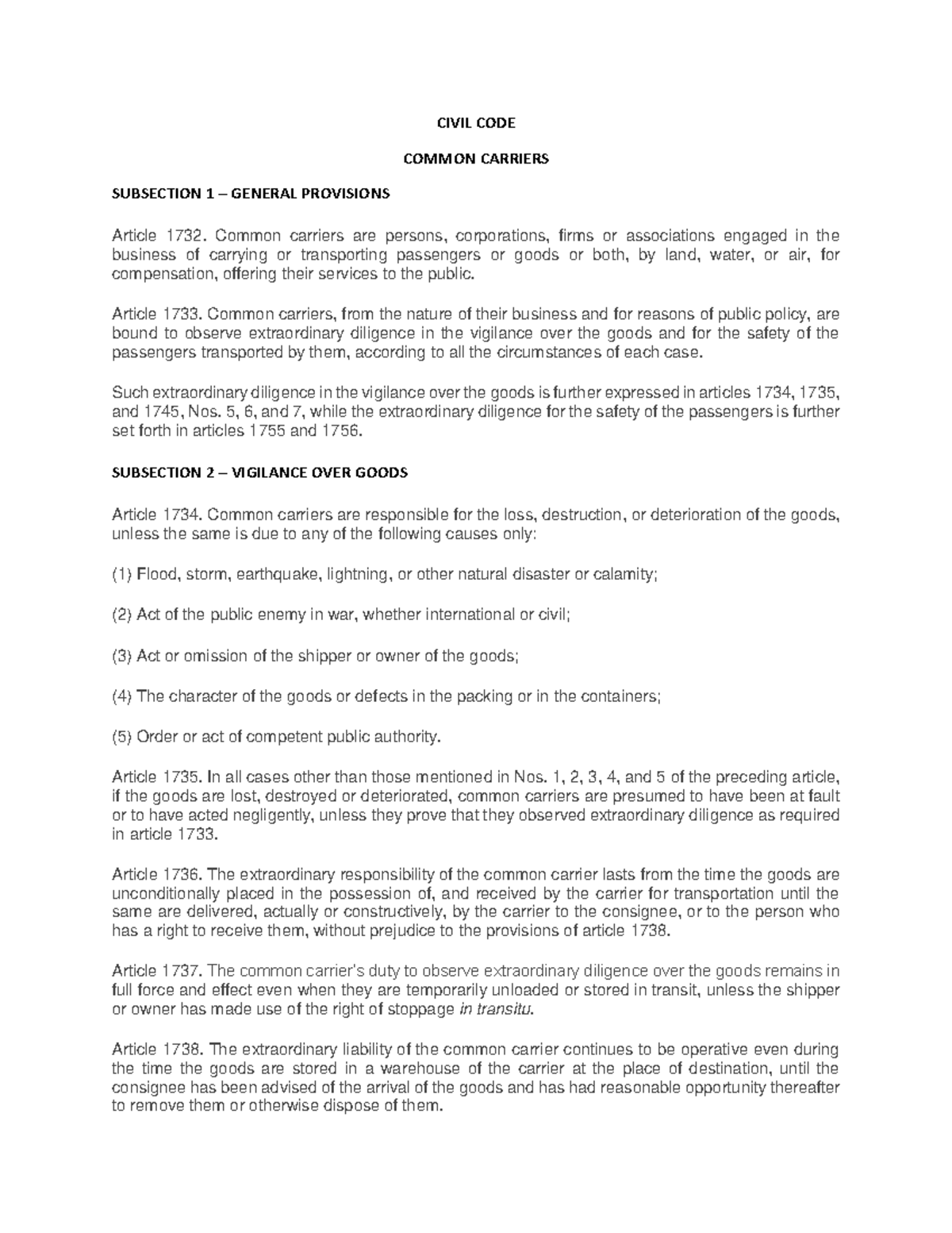 Civil CODE - Common Carriers - CIVIL CODE COMMON CARRIERS SUBSECTION 1 ...