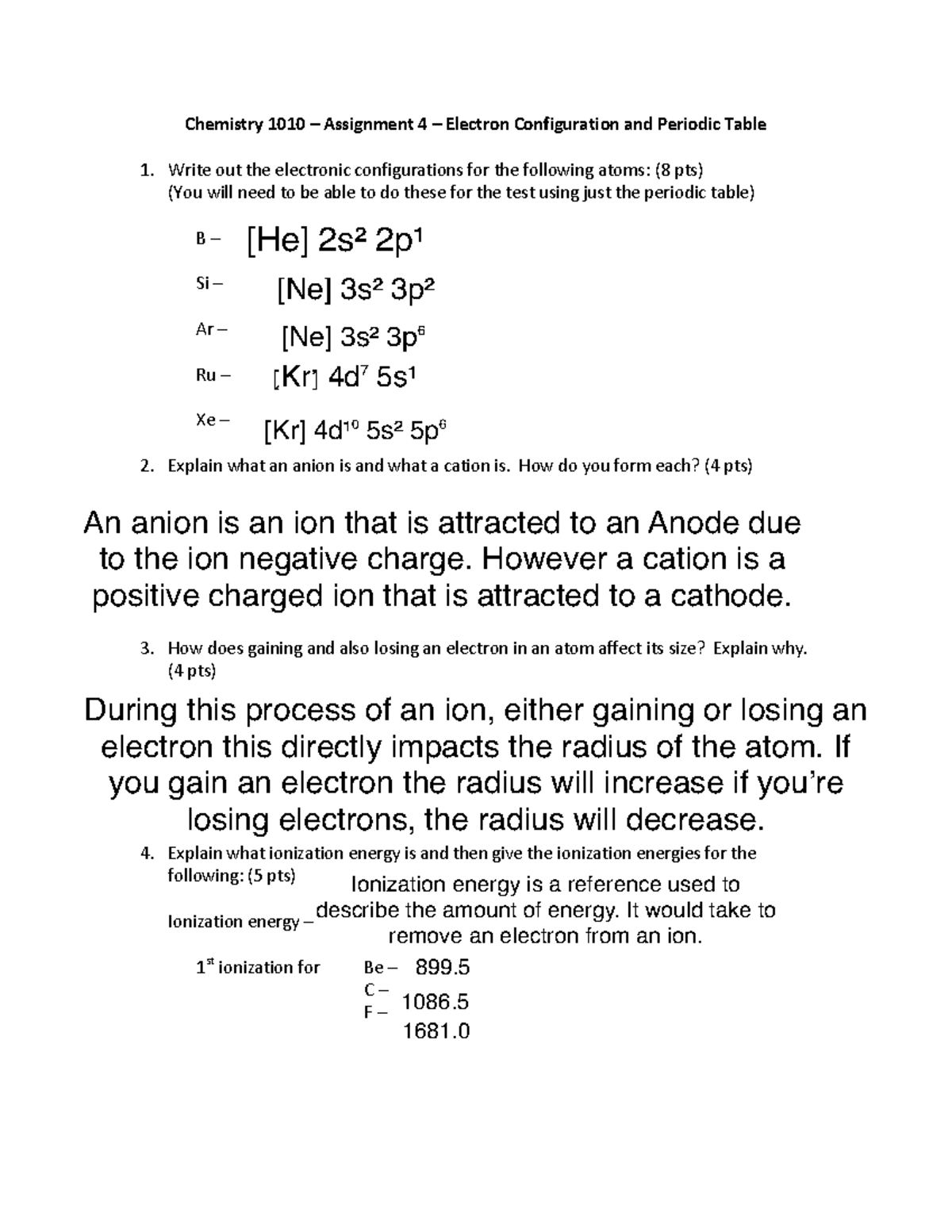 Assignment+4+Electrons+and+the+Peridodic+Table - Chemistry 1010 – Assignment 4 – Electron - Studocu