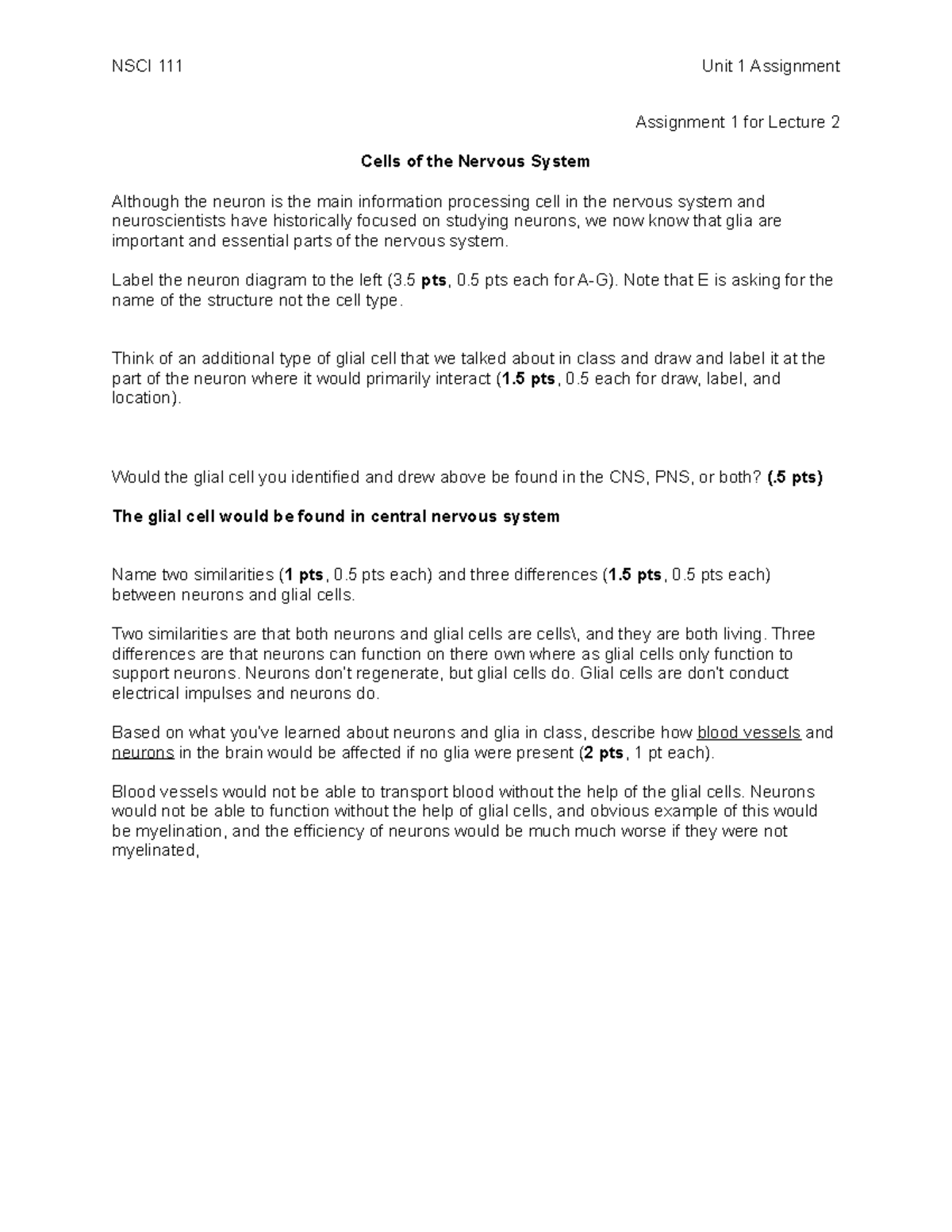 Unit 1 Assignment 1 neuro - NSCI 111 Unit 1 Assignment Assignment 1 for Lecture 2 Cells of the ...