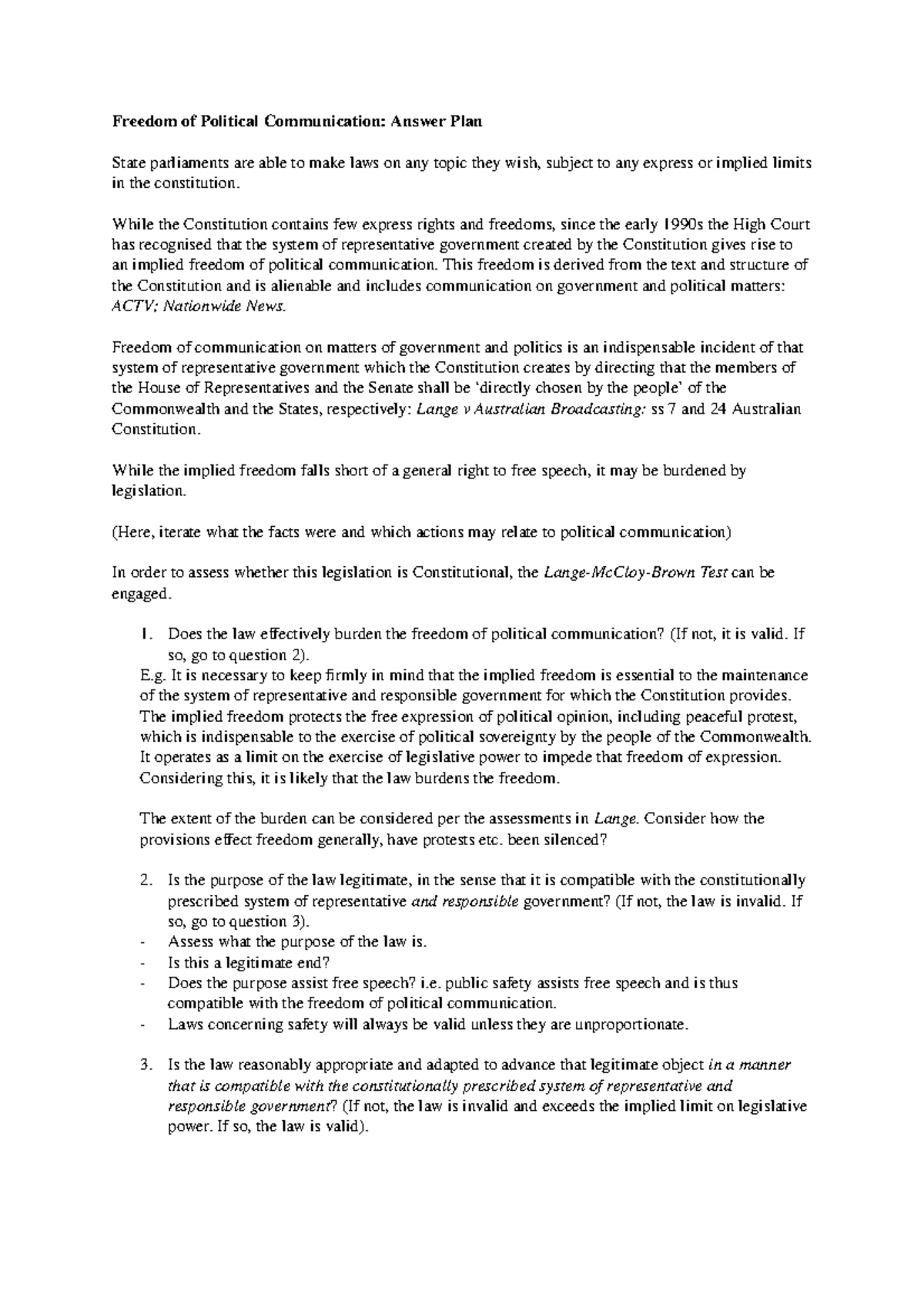 Constitutional Answer Plans - Freedom of Political Communication ...