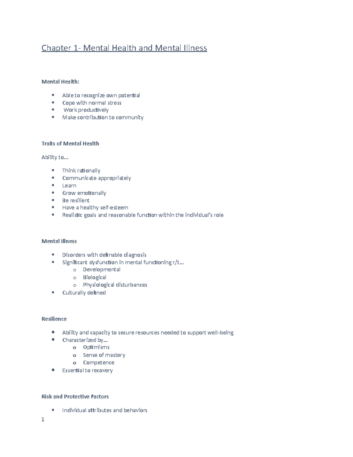 Chapter 1 - Lecture notes 1 - Chapter 1- Mental Health and Mental ...