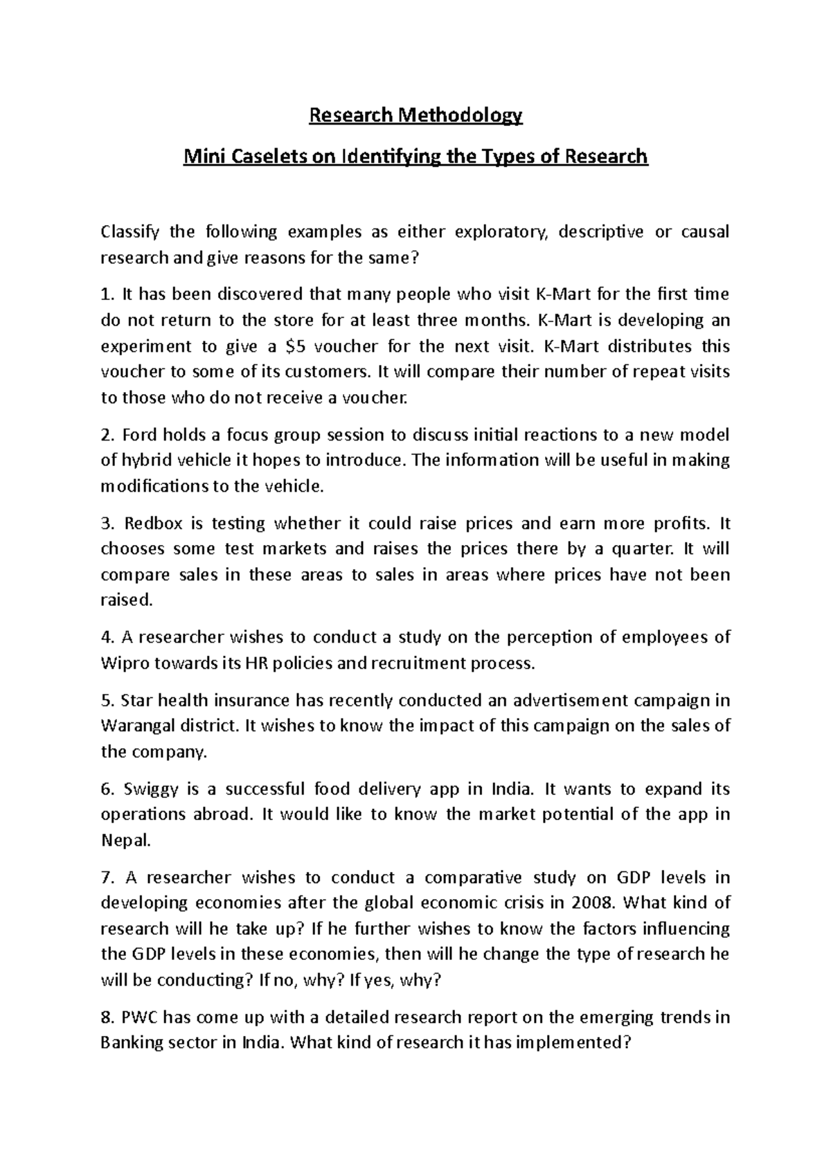 Exercise on Types of Research - Research Methodology Mini Caselets on ...