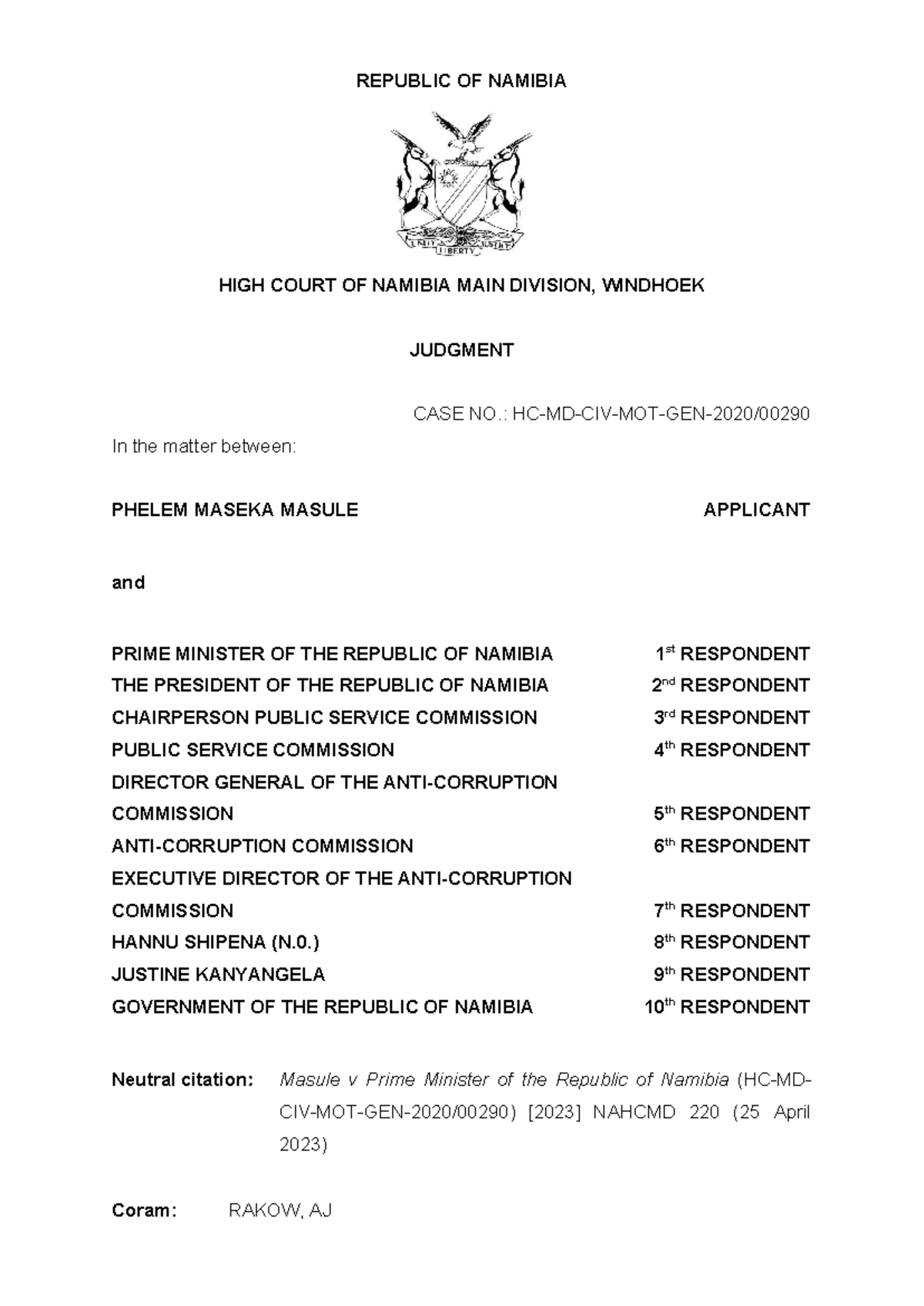 Masule v Prime Minister of the Republic of Namibia (HC-MD-CIV-MOT-GEN ...