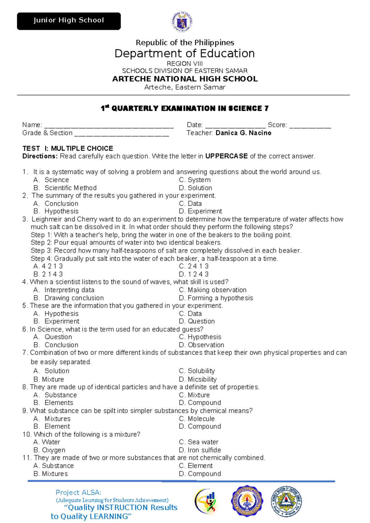 TQ TO Submit - sample test questions - Junior High School Project ALSA ...