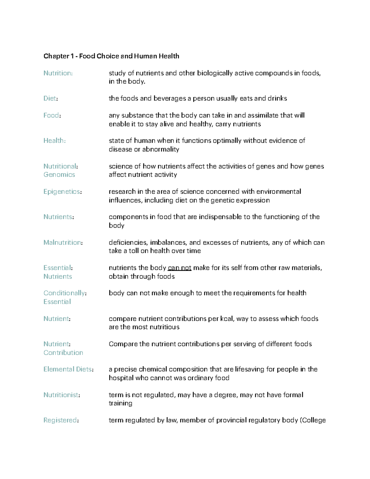 Chapter 1 notes - Chapter 1 - Food Choice and Human Health Nutrition ...