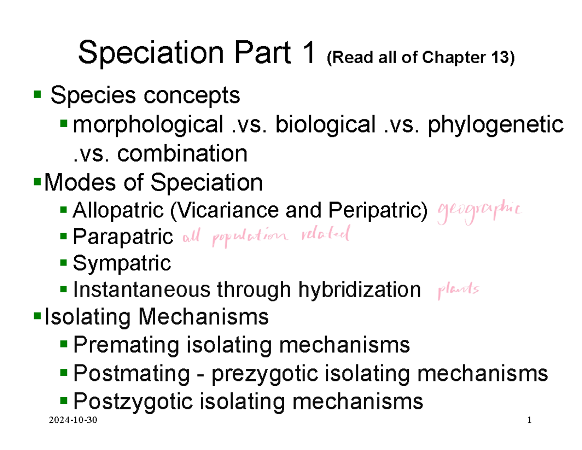 Lecture topic 12 Speciation posted - 2024-10-30 1 Speciation Part 1 ...