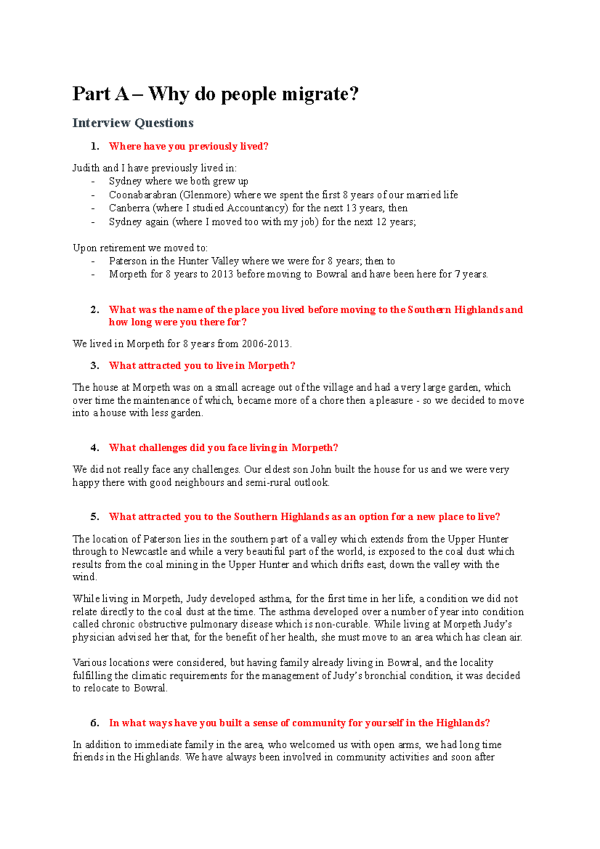 Geography AT2 - Religion - Part A – Why do people migrate? Interview ...