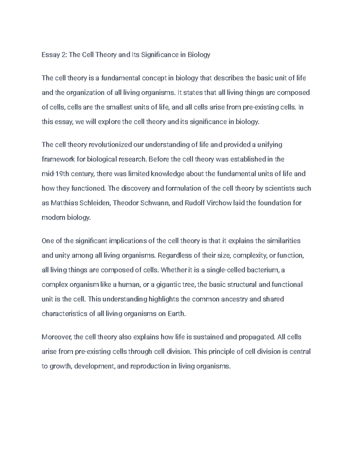 Essay 2 The Cell Theory and Its Significance in Biology - It states ...