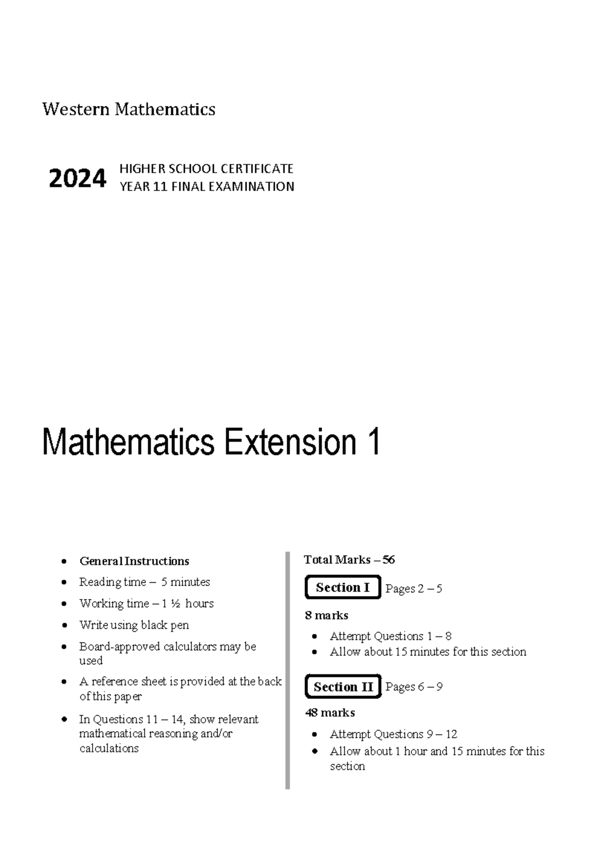 WME Year 11 Final Extension 1 Exam 2024 - Western Mathematics 2024 ...