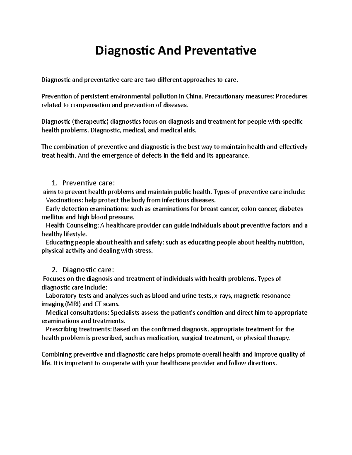 Diagnostic And Preventative - Diagnostic And Preventative Diagnostic and preventative care are ...