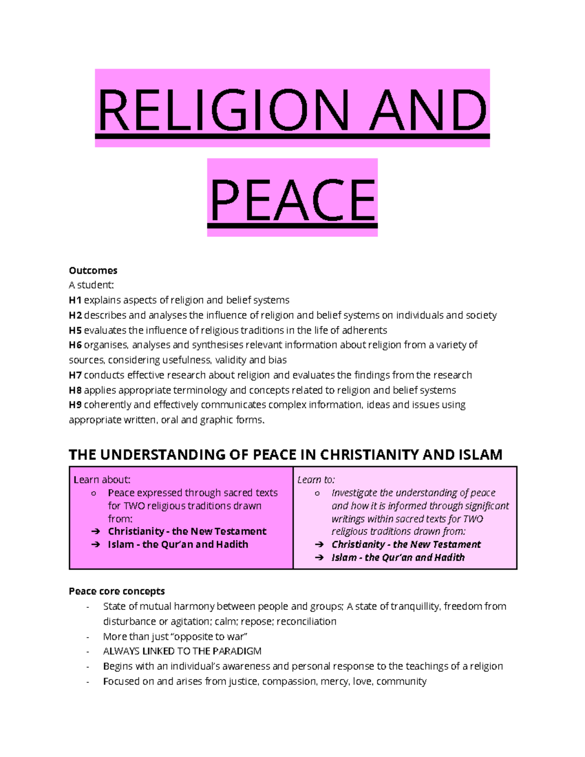 Religion AND Peace Notes by E. THompson - RELIGION AND PEACE Outcomes A ...