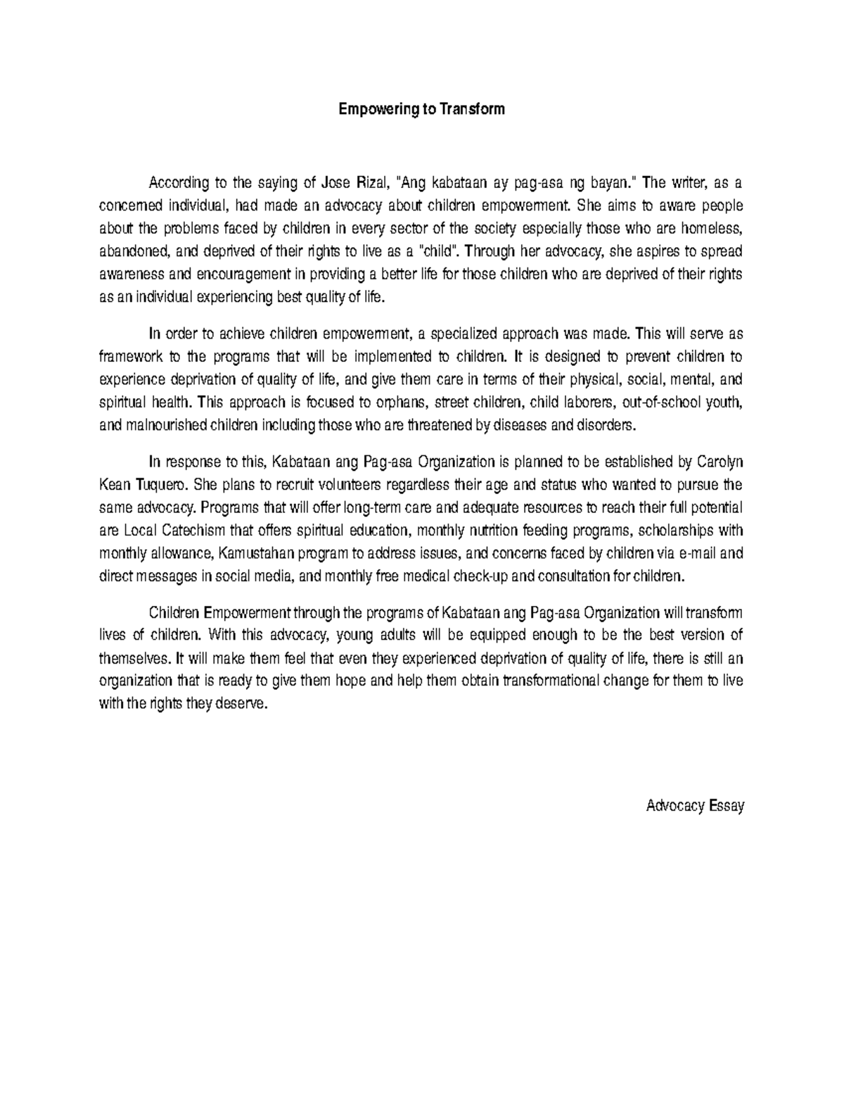 Sample Advocacy Essay - Empowering to Transform According to the saying ...
