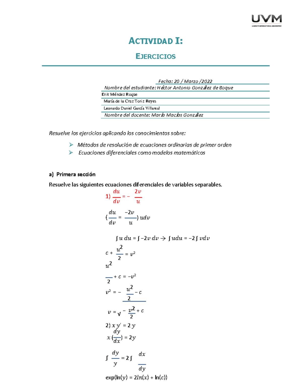 A#1HA.GDB. ecuaciones diferenciales - ACTIVIDAD I: EJERCICIOS Fecha: 20 / Marzo / Erik M Nombre ...
