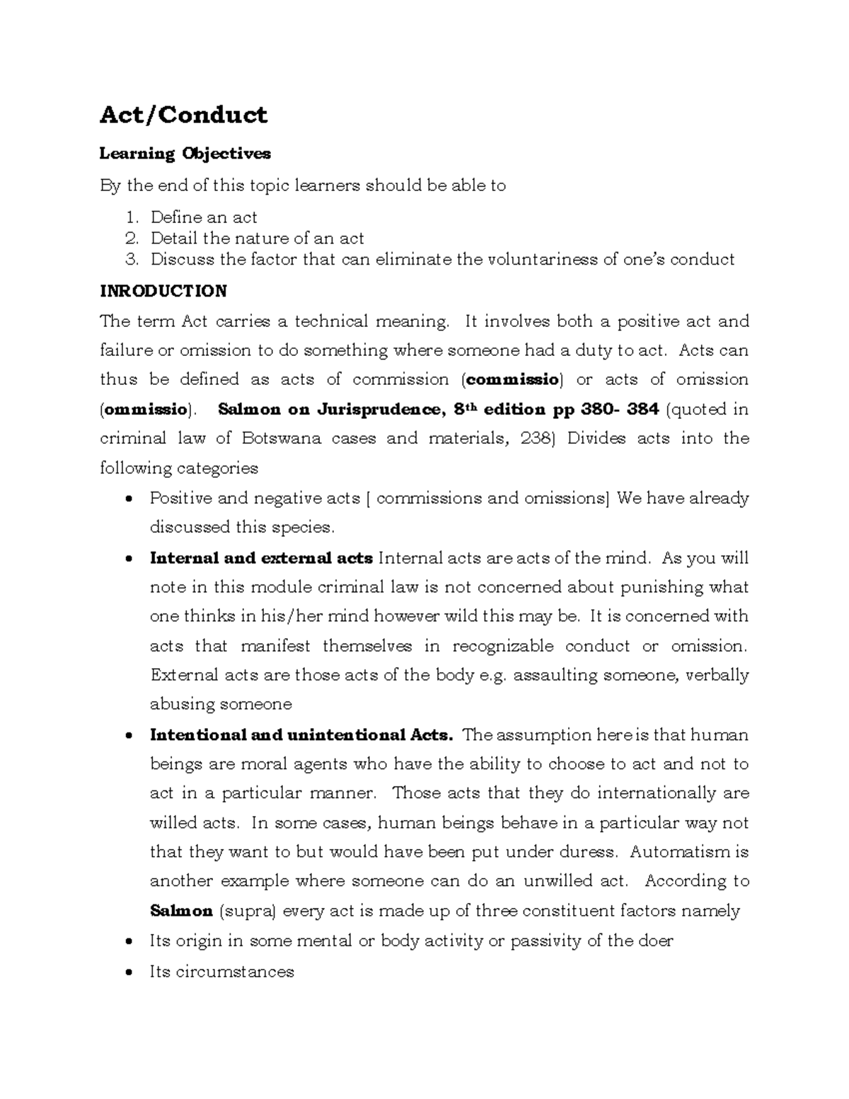 THE ACT - Notes on the actus rea-criminal law - Act/Conduct Learning ...