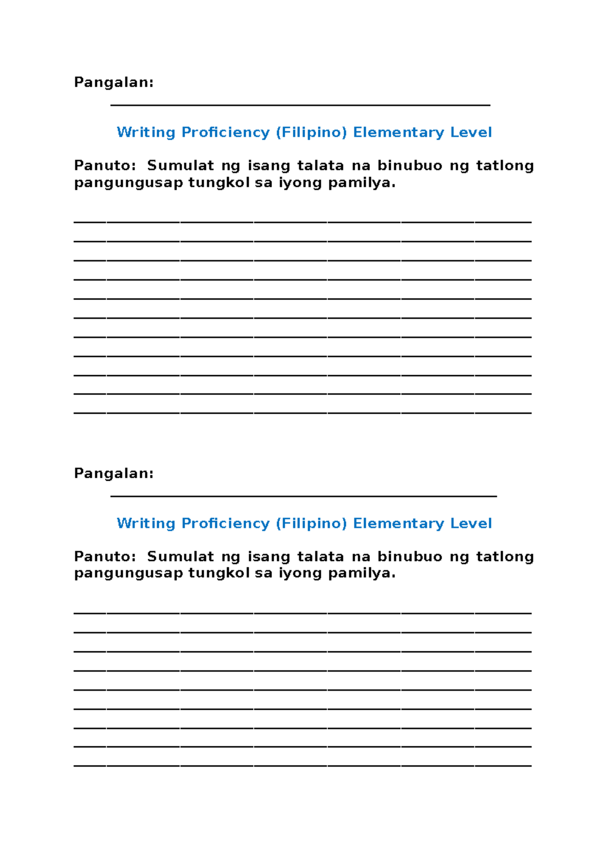 Reading- Proficiency - Practice - Pangalan