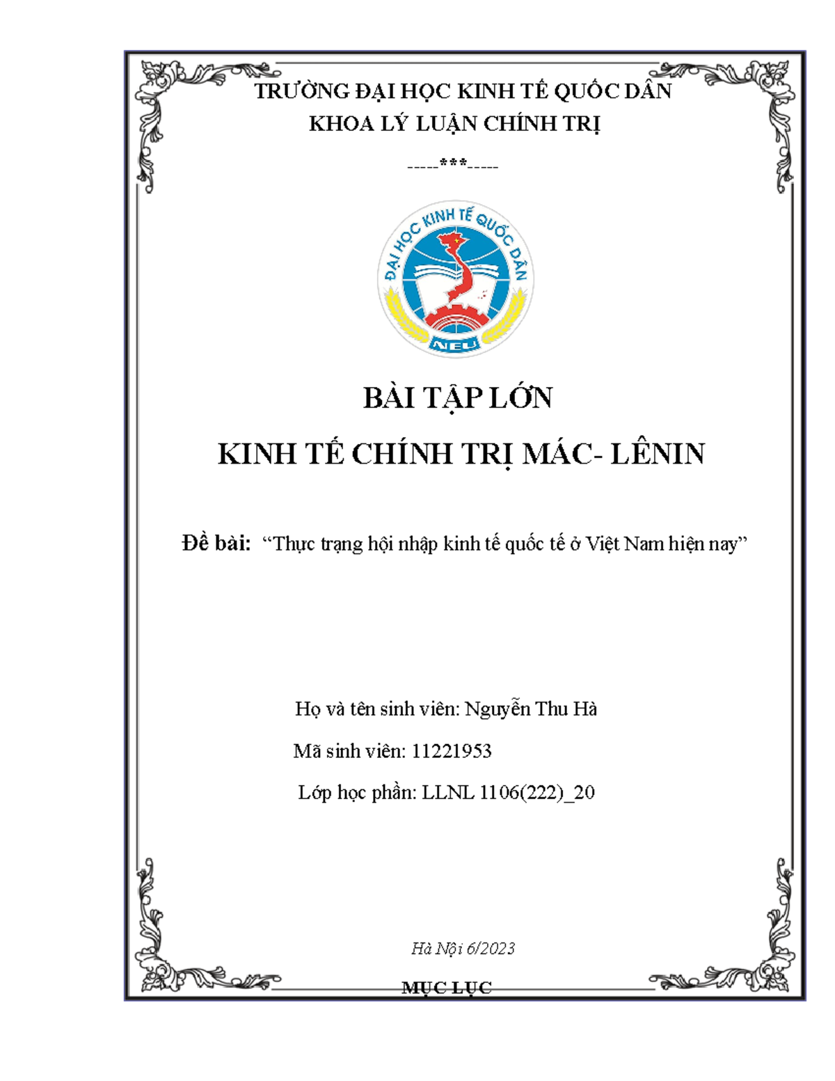 Final KTCT - Tiểu luận - TRƯỜNG ĐẠI HỌC KINH TẾ QUỐC DÂN KHOA LÝ LUẬN CHÍNH TRỊ -***- BÀI TẬP ...