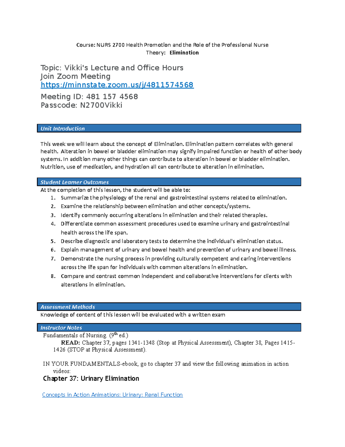 Unit Introduction-Elimination 4 - Course: NURS 2700 Health Promotion ...