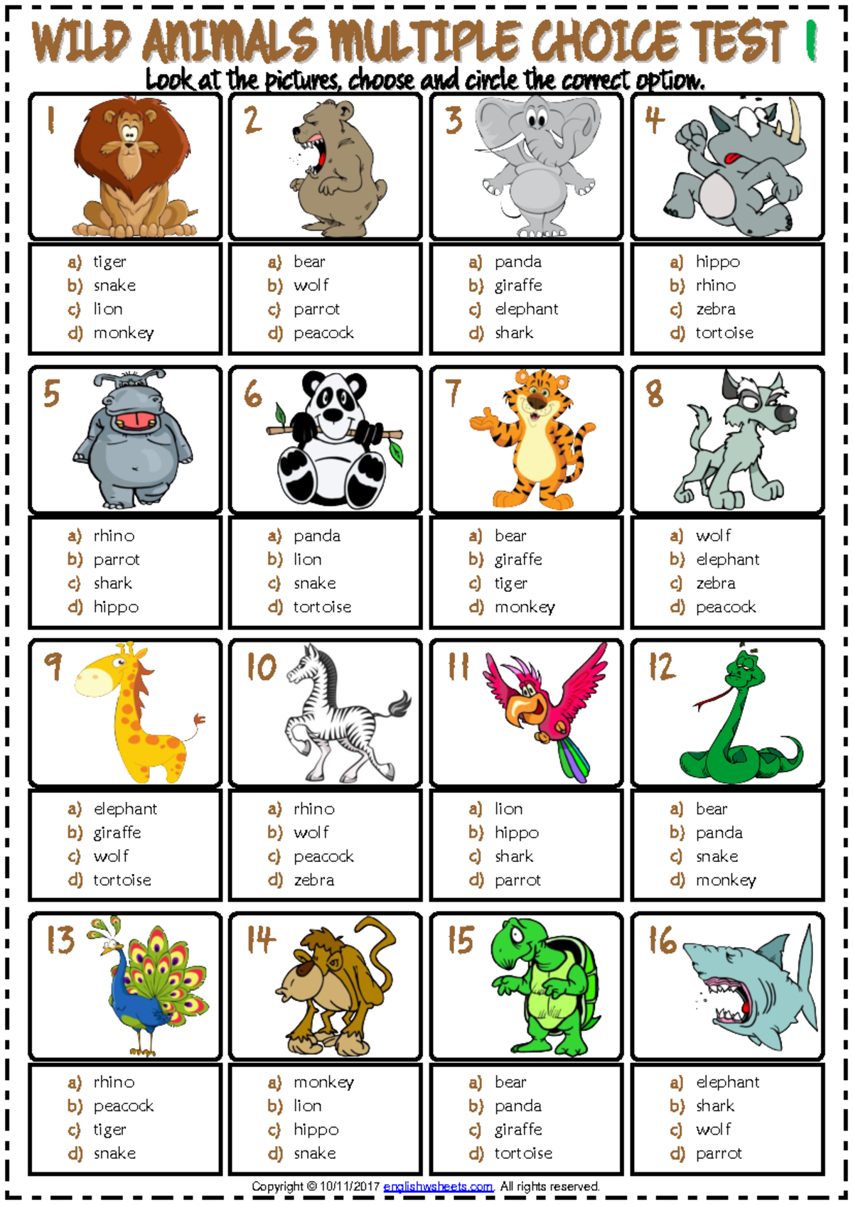 Wild animals vocabulary esl multiple choice tests for kids - WWIILLDD ...