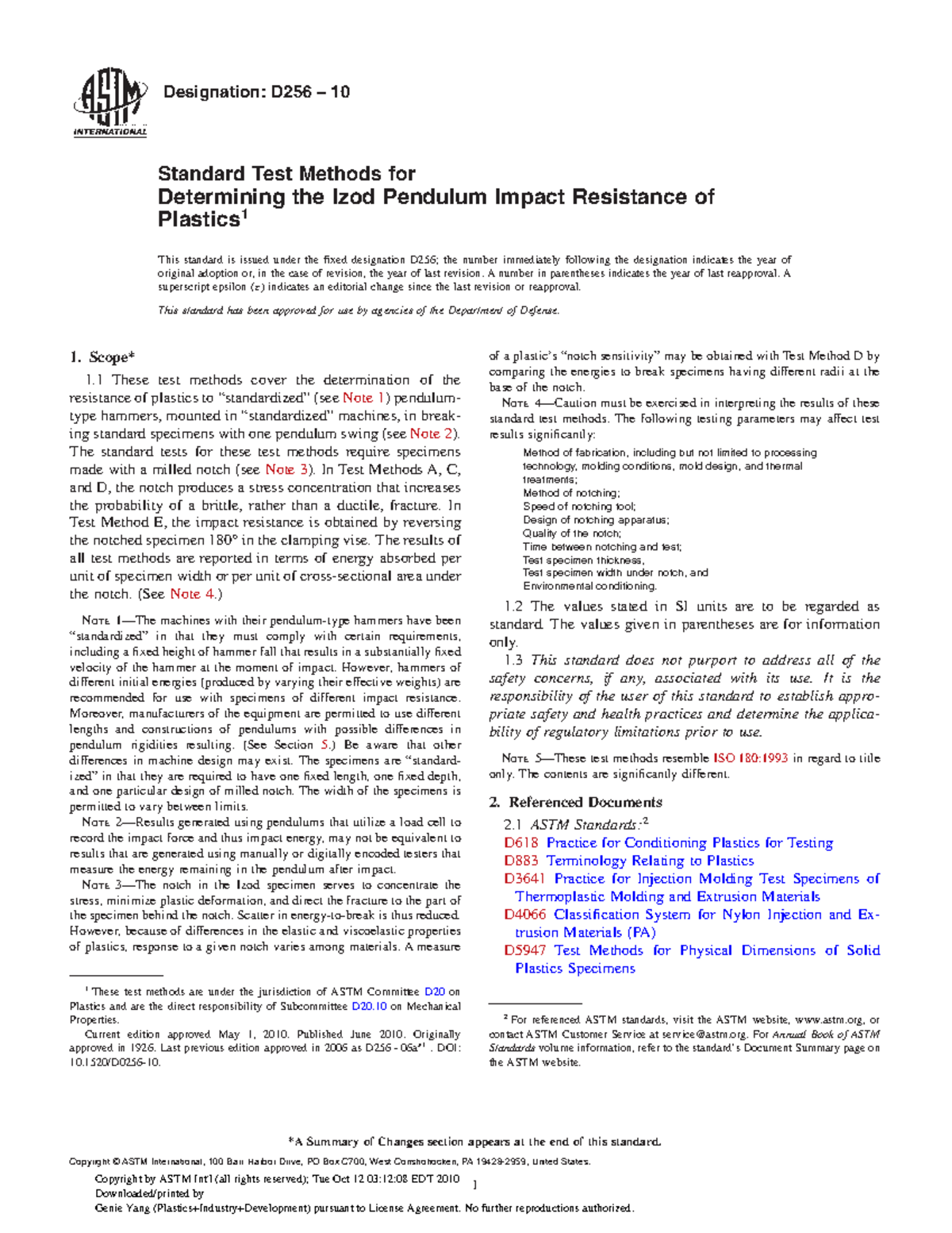ASTM D256 2010 - Impact test methods and effects - Designation: D256 ...