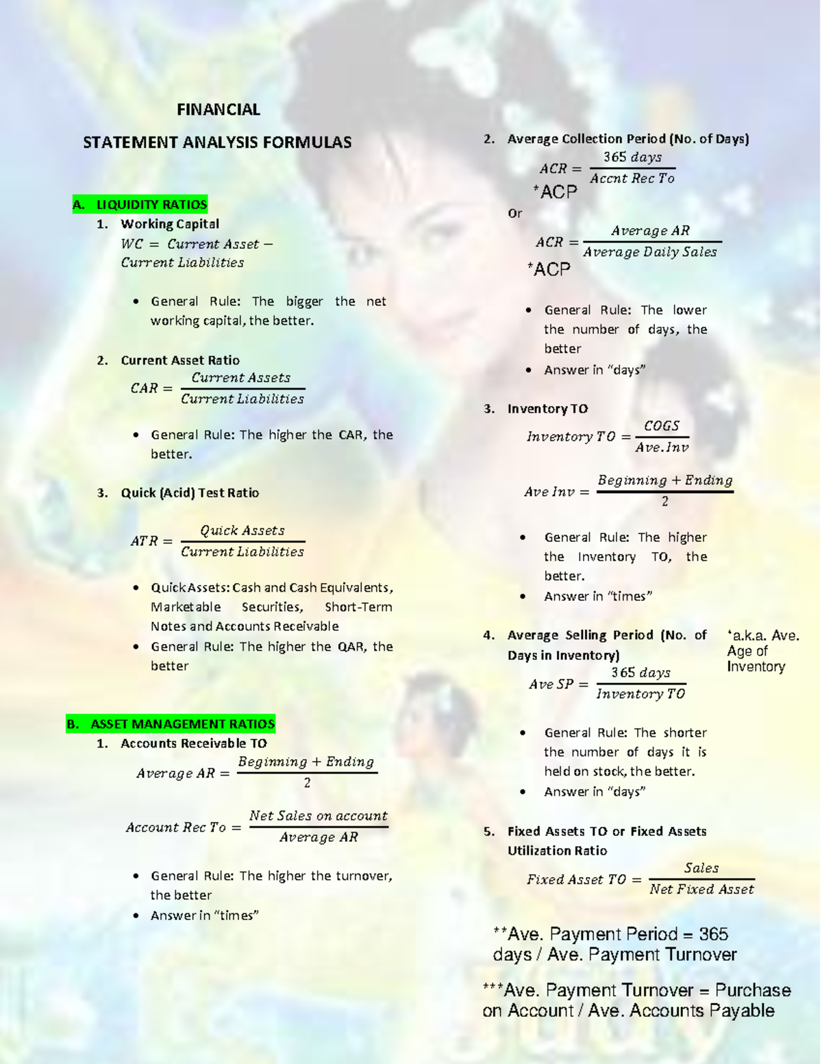 FSA-Formulas - FSA - FINANCIAL STATEMENT ANALYSIS FORMULAS A. LIQUIDITY ...