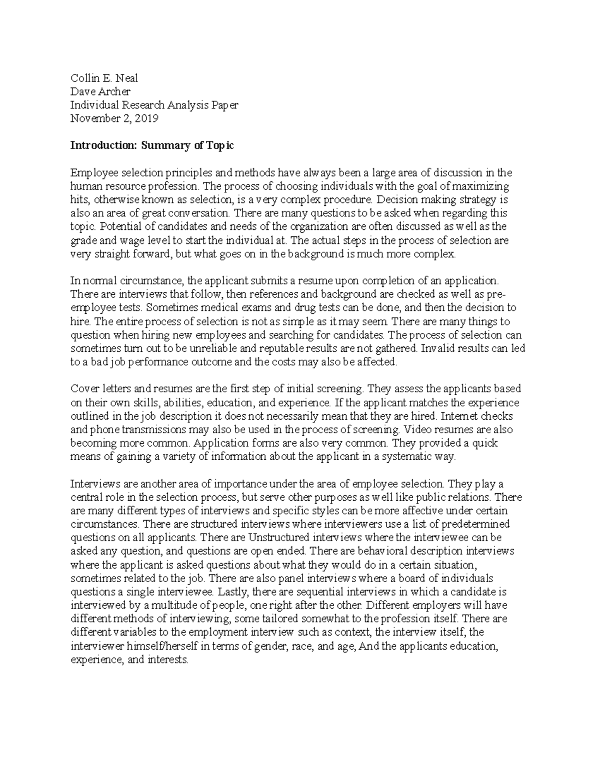 V373 (Draft 1) Individual Research Paper - Collin E. Neal Dave Archer ...