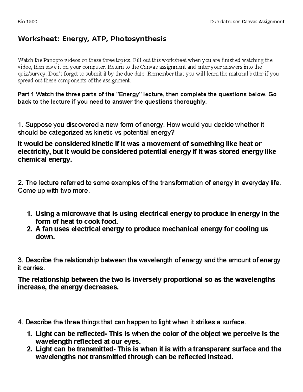 #04 Energy ATP Photosynthesis - Bio 1500 Due date: see Canvas ...