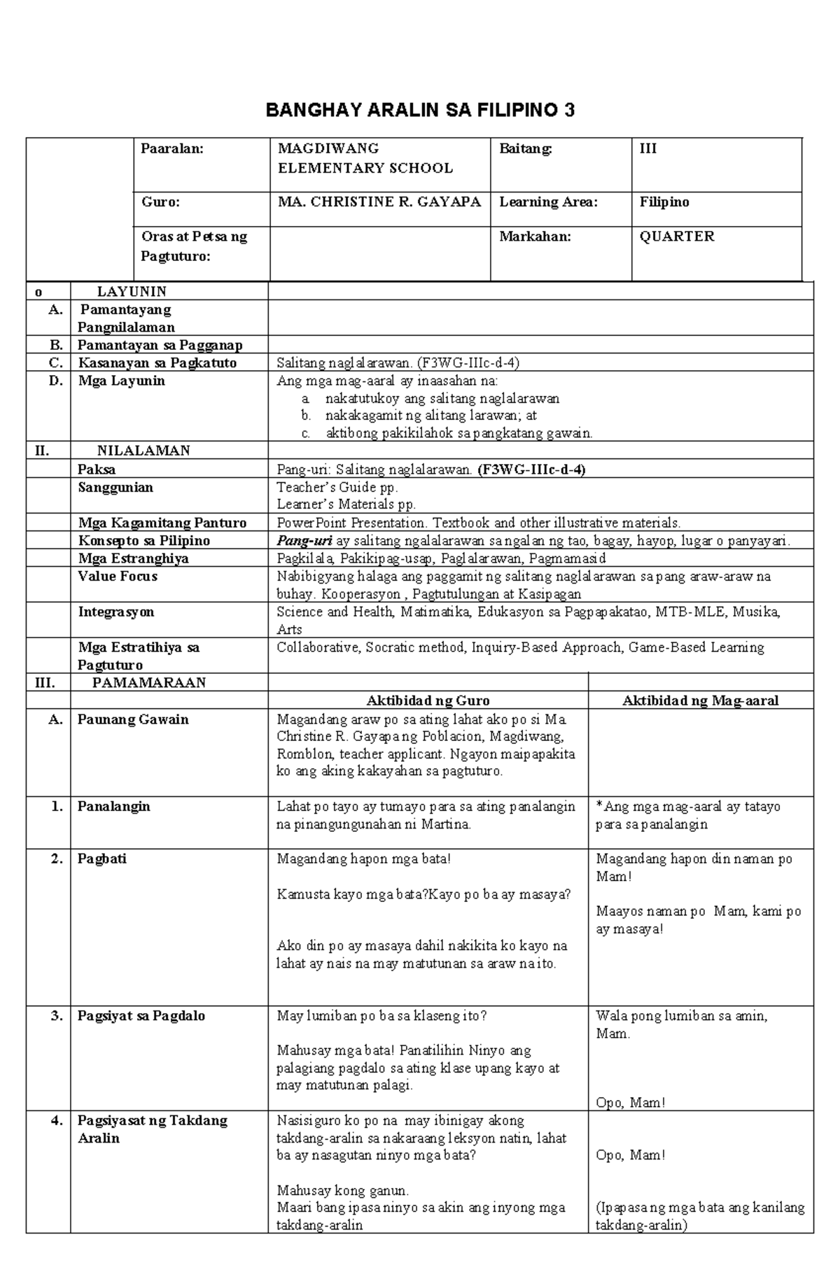 Banghay Aralin SA Filipino 3 - BANGHAY ARALIN SA FILIPINO 3 Paaralan ...