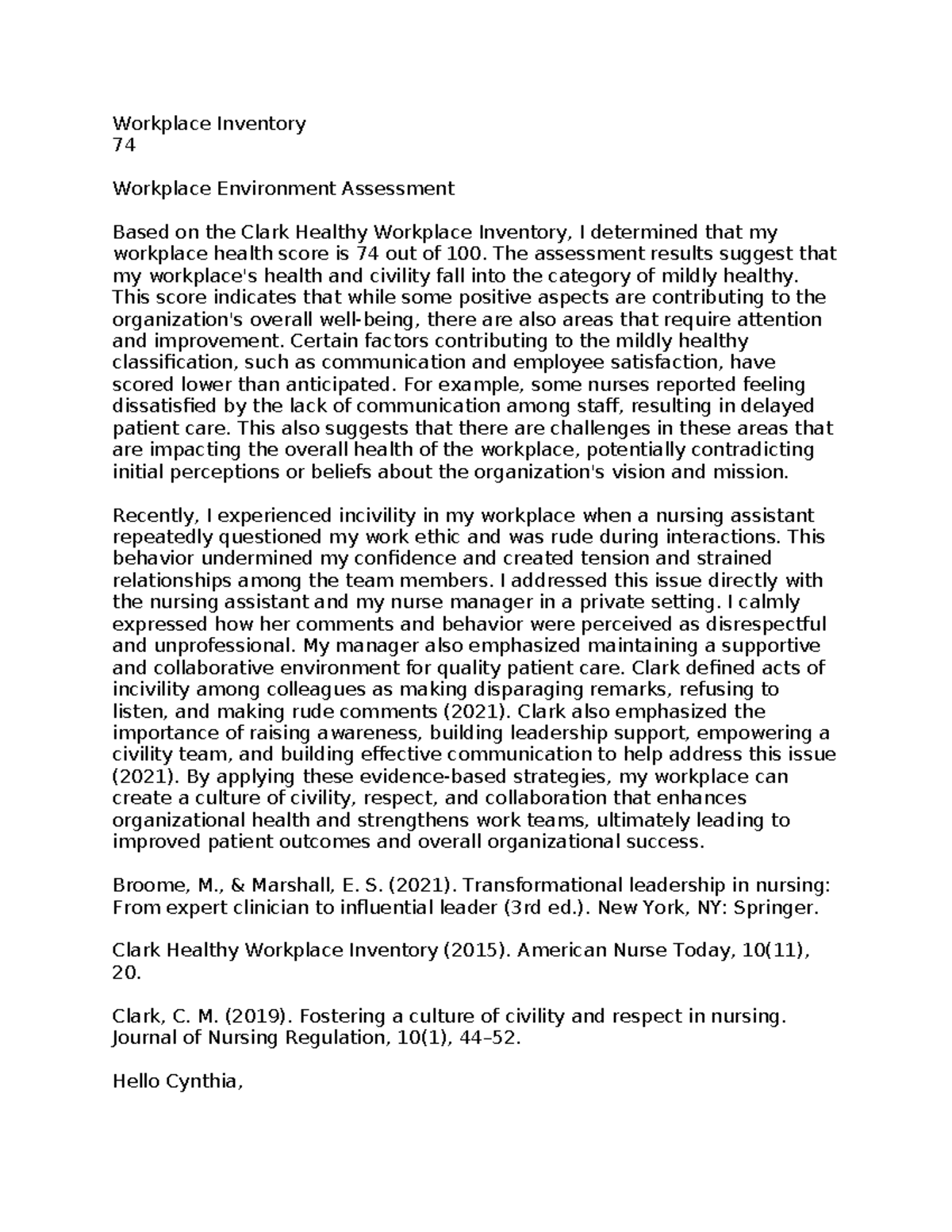 Leadership week7 post - Discussion - Workplace Inventory 74 Workplace ...
