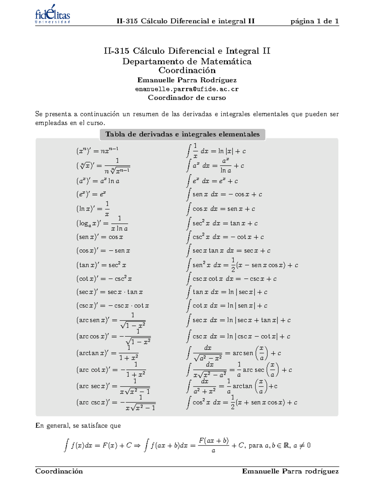 Tabla de derivadas e integrales - II-315 Cálculo Diferencial e integral ...