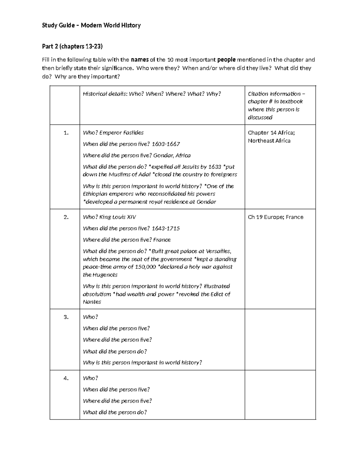 17th Century Study Guide - Part 2 (chapters 13-23) Fill in the ...